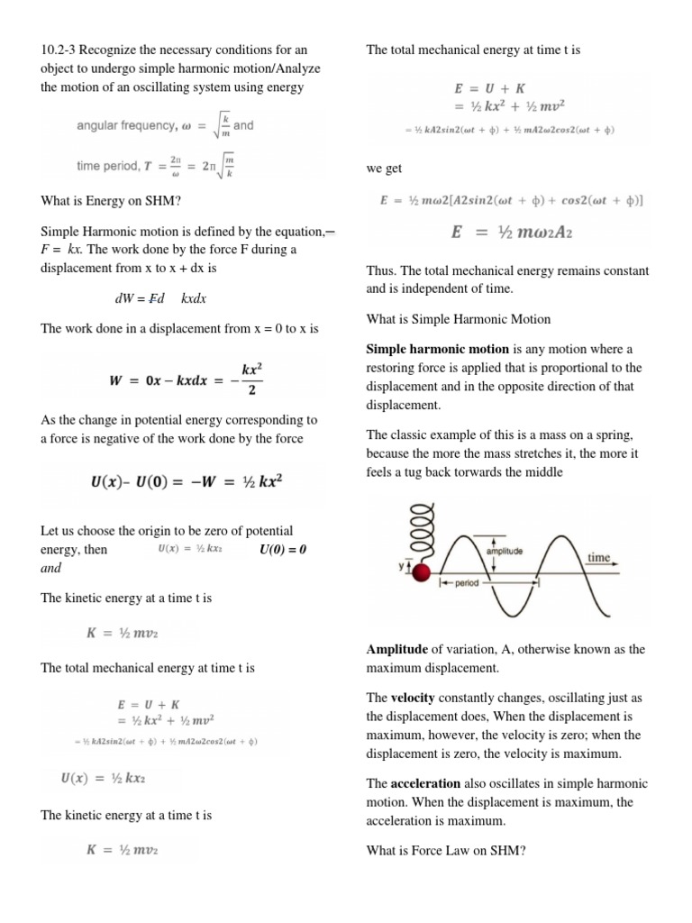 F Kx. The Work Done by The Force F During A: Simple Harmonic Motion Is ...