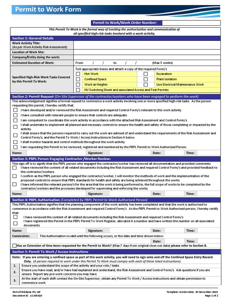Permit To Work Form | PDF | Risk Assessment | Occupational Safety And ...