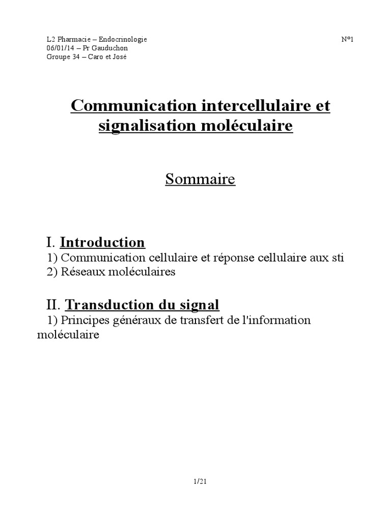 Communication Intercellulaire Etsignalisation Moléculaire PDF | PDF ...