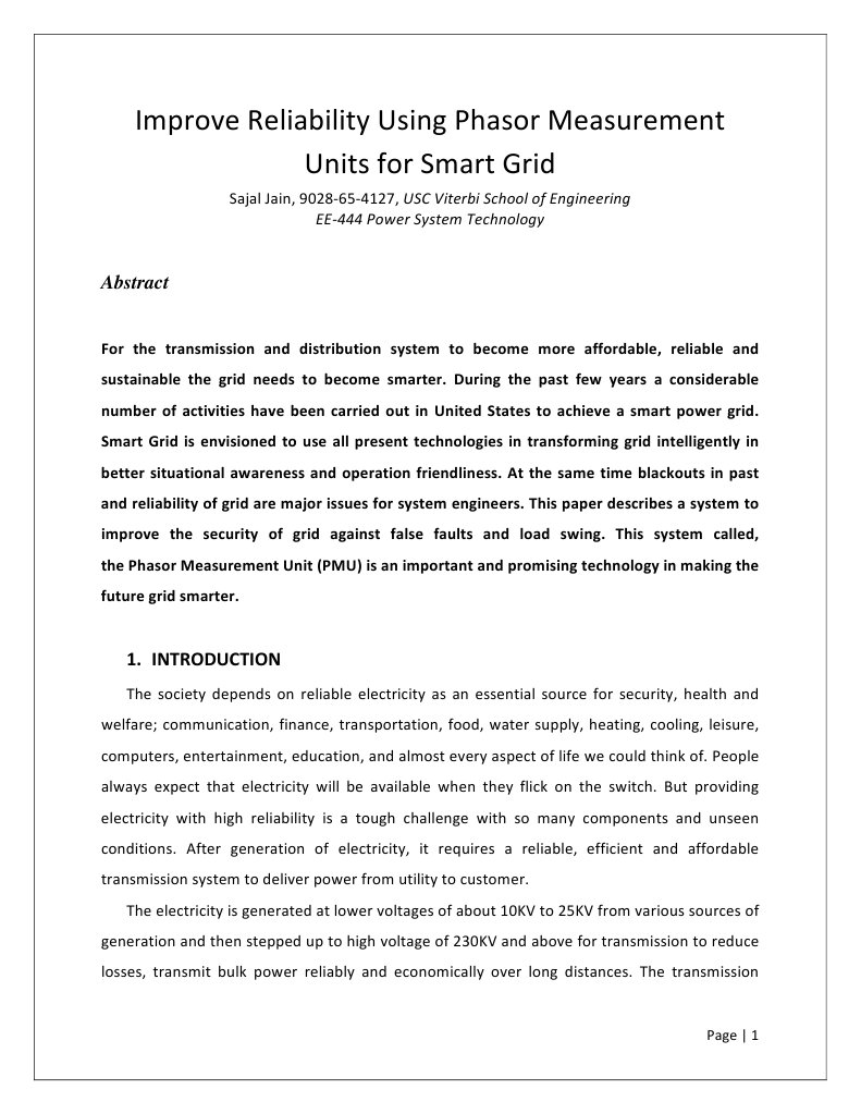 Improve Reliability Using Phasor Measurement Units For Smart Grid ...