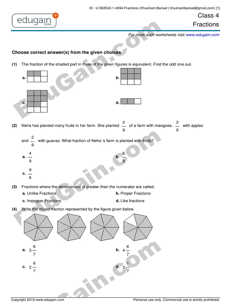 Class 4 Fractions: Choose Correct Answer(s) From The Given Choices ...