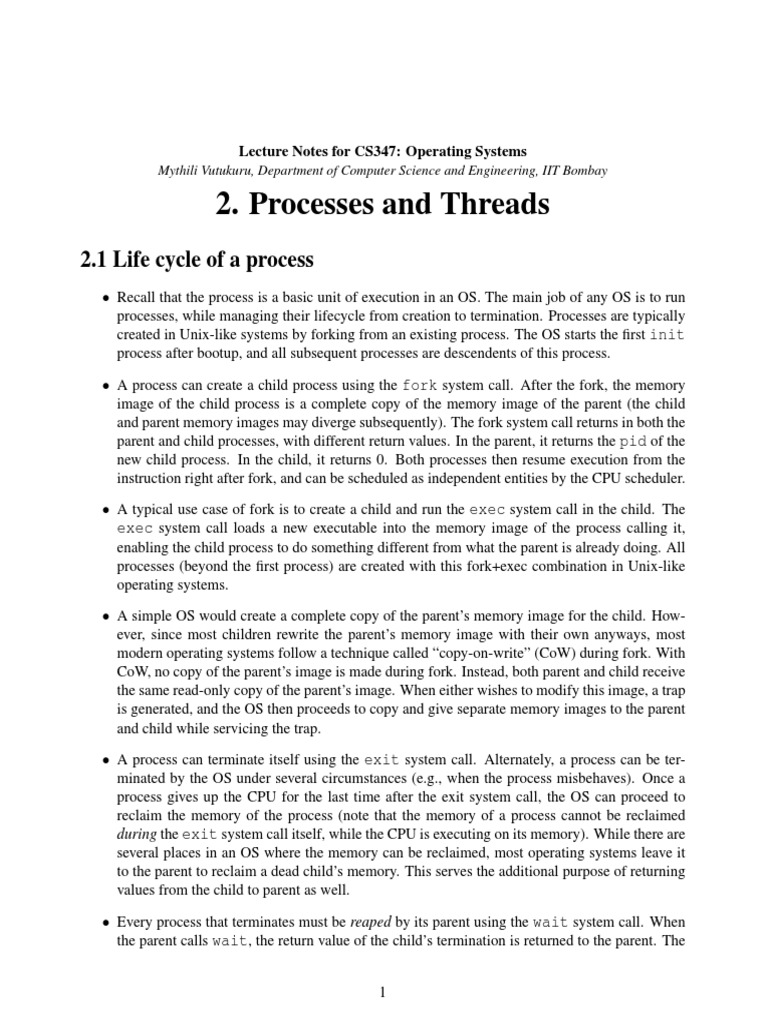 Processes And Threads 2 1 Life Cycle Of A Process Pdf Thread Computing Process Computing