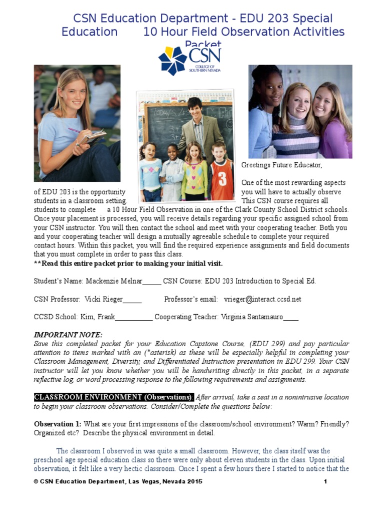 Special Education Field Observation | PDF | Classroom | Teachers