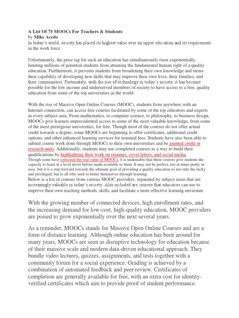 A List of 75 MOOCs For Teachers | PDF | Massive Open Online Course ...