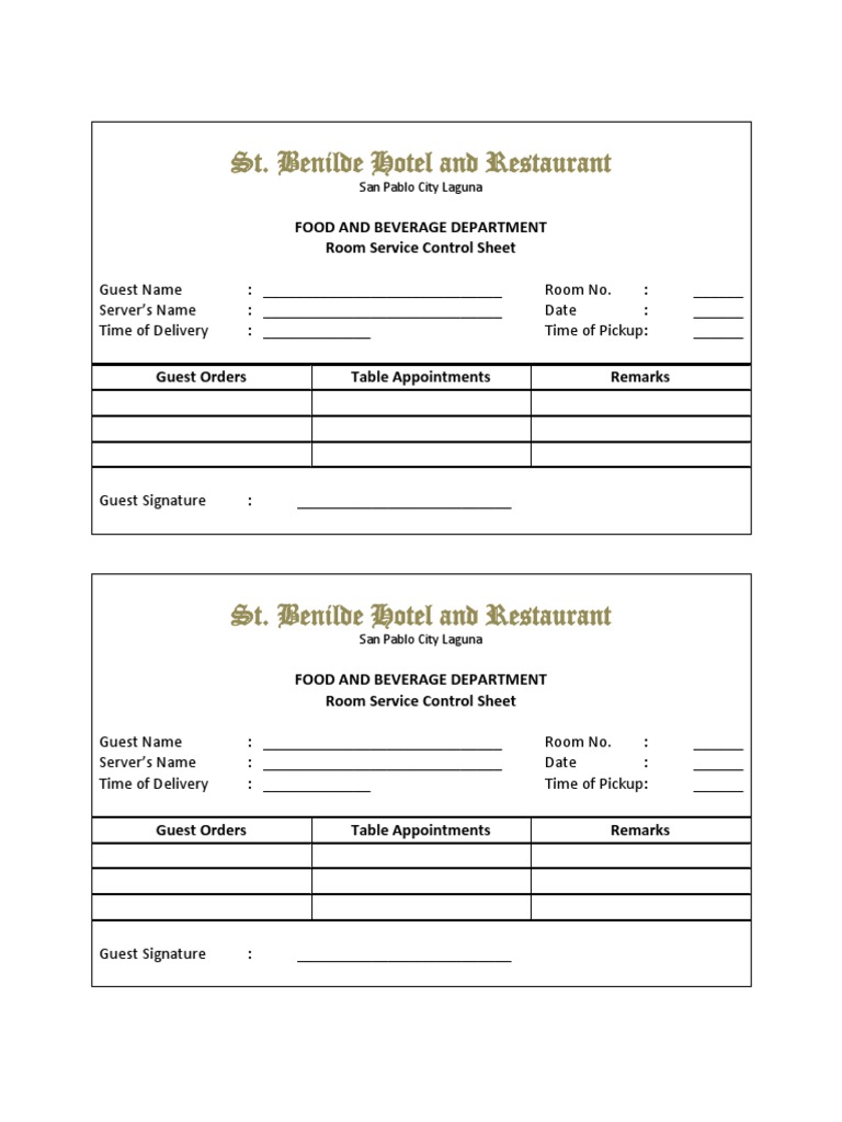 FBS Room Service Control Sheet