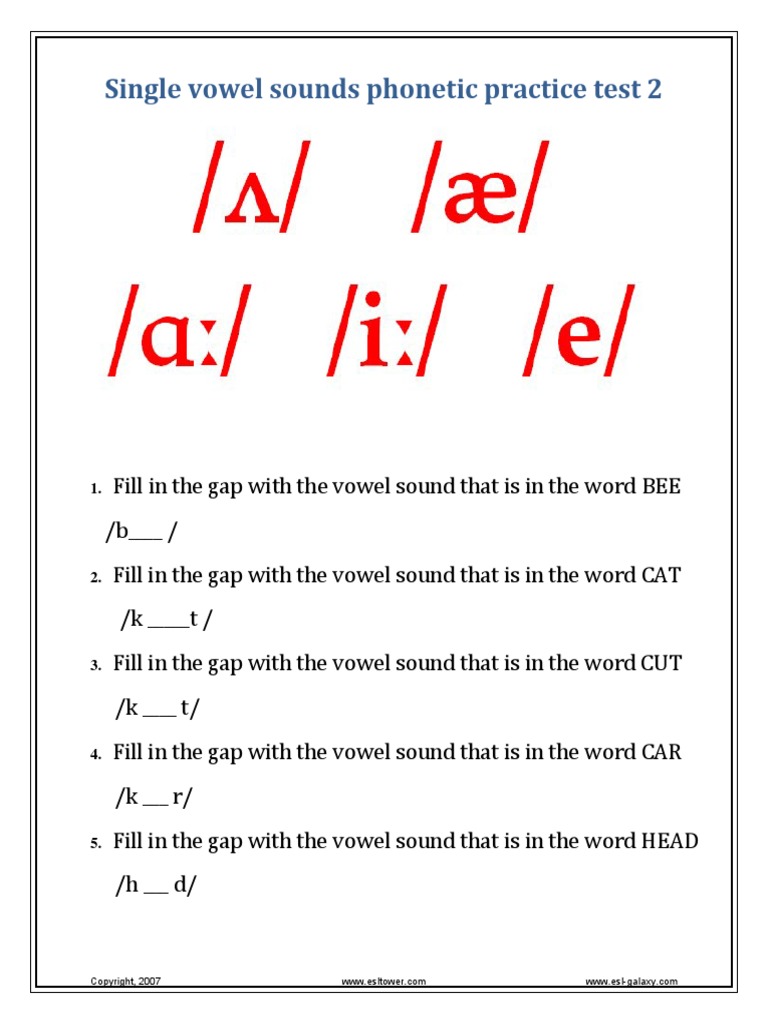 Vowel Sounds Phonetic Practice Test 2 Quiz PDF | PDF