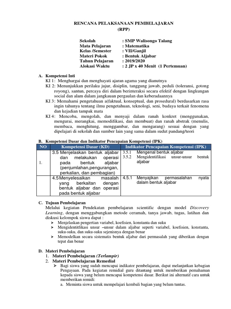7.3 RPP Bentuk Aljabar 1 Pertemuan | PDF
