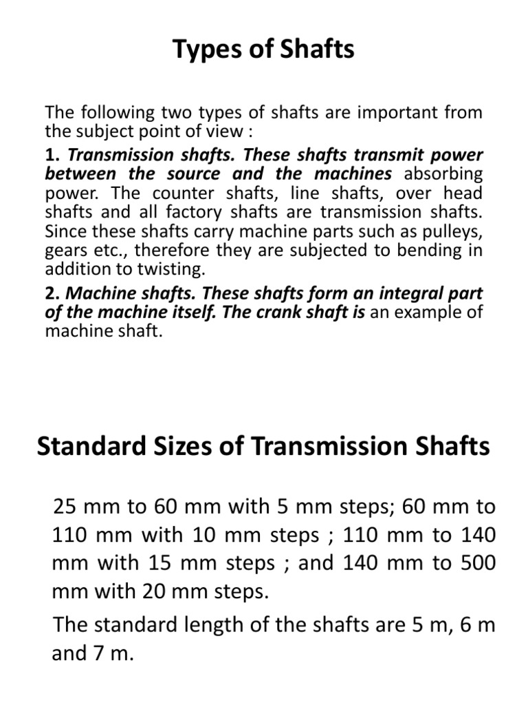Types of Shafts: 1. Transmission Shafts. These Shafts Transmit Power ...