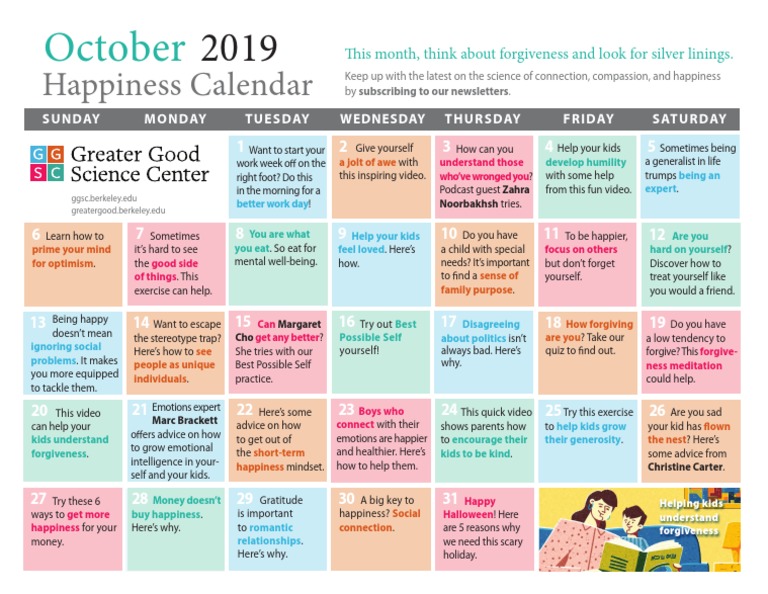 October 2019 Happiness Calendar | PDF | Forgiveness | Gratitude