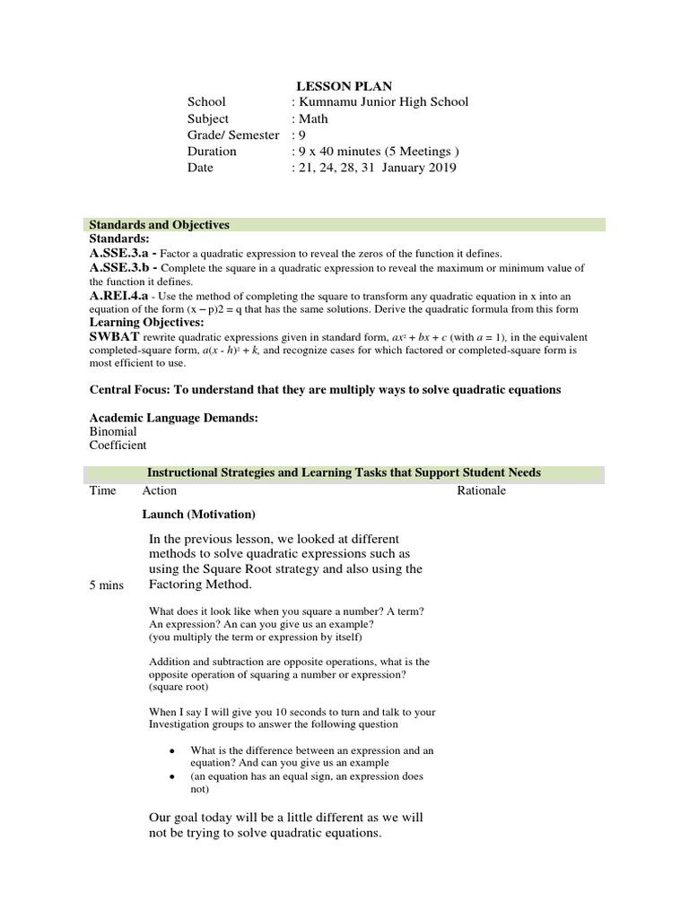 Lesson Plan 3 | PDF | Quadratic Equation | Educational Assessment