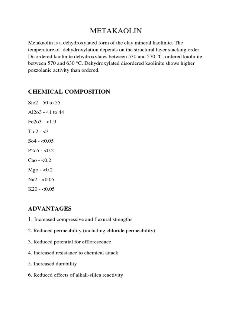 Metakaolin: Chemical Composition | PDF