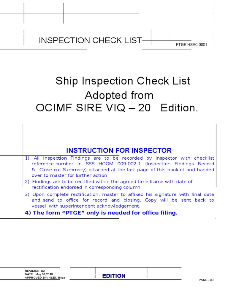 SSS HOOM 009-002 (Vesssel Inspection Checklist) OCIMF SIRE | PDF | Oil ...