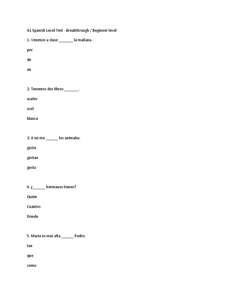 Test A1 Español: Nivel Principiante | PDF | Artes del Lenguaje y ...