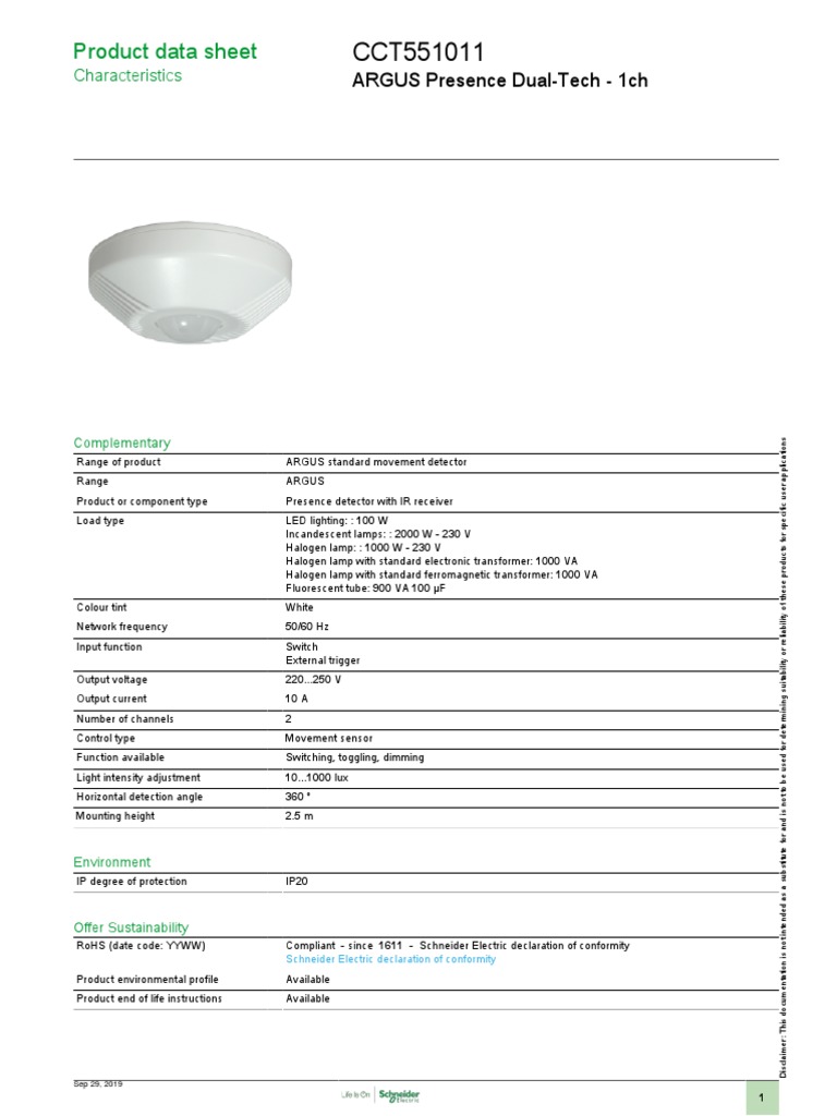ARGUS Motion Sensor CCT551011 Data Sheet | PDF