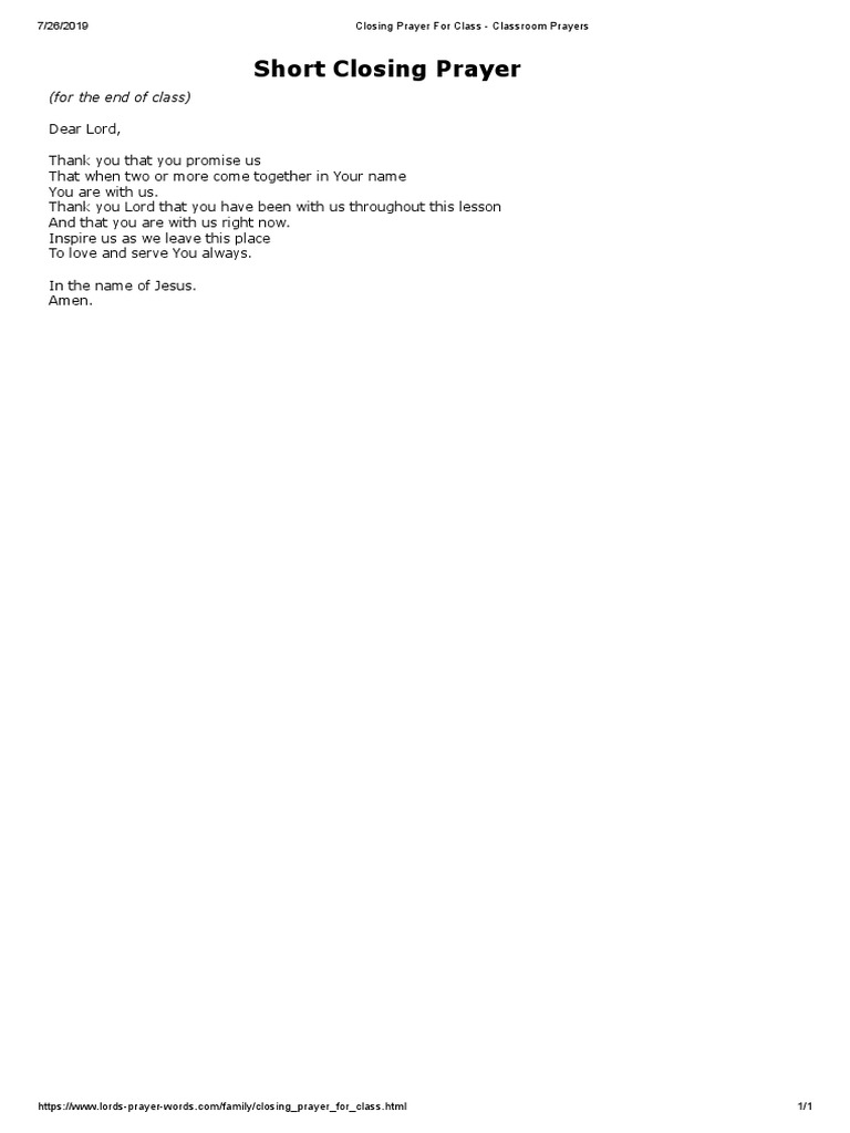 Closing Prayer For Class - Classroom Prayers PDF | PDF