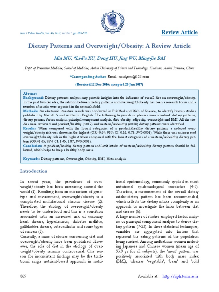 Dietary Patterns and Overweight/Obesity: A Review Article | PDF ...