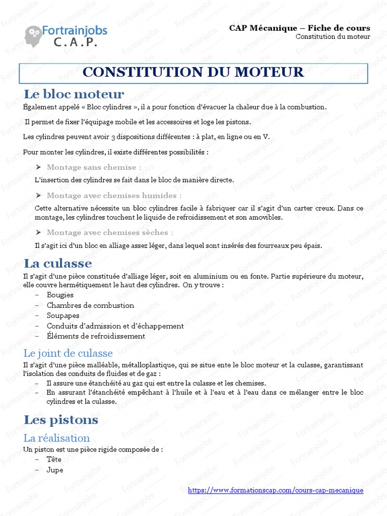 Fiche de cours CAP Mécanique | PDF | Piston | Injection (moteur)