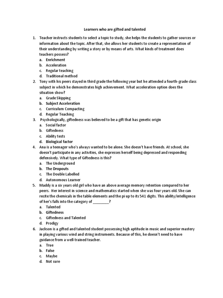 Learners Who Are Gifted and Talented Questions | Download Free PDF ...