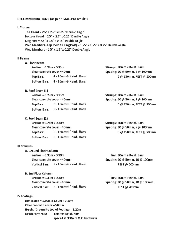 RECOMMENDATIONS (As Per STAAD - Pro Results) : Reinf. Bars Reinf. Bars ...