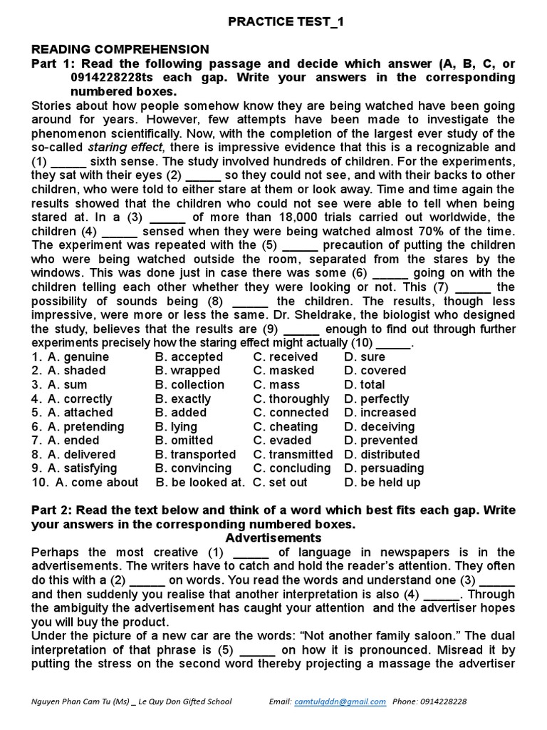 Reading Comprehension Practice Test | PDF | Scientific Method | Hypothesis