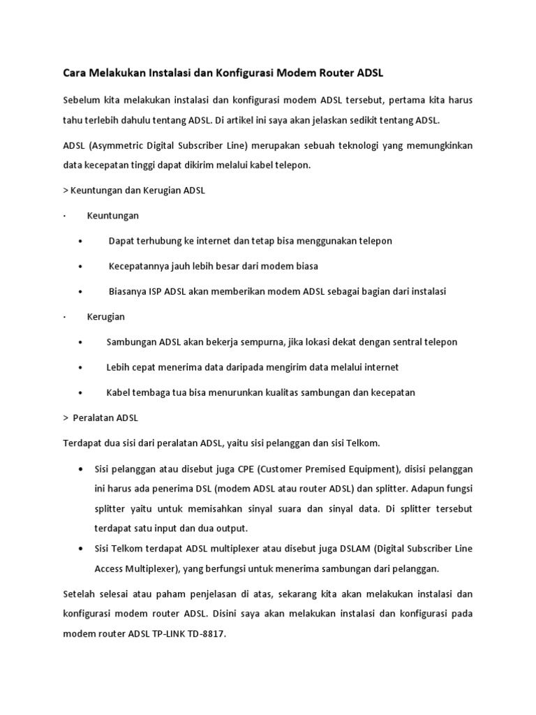 Cara Melakukan Instalasi Dan Konfigurasi Modem Router ADSL | PDF