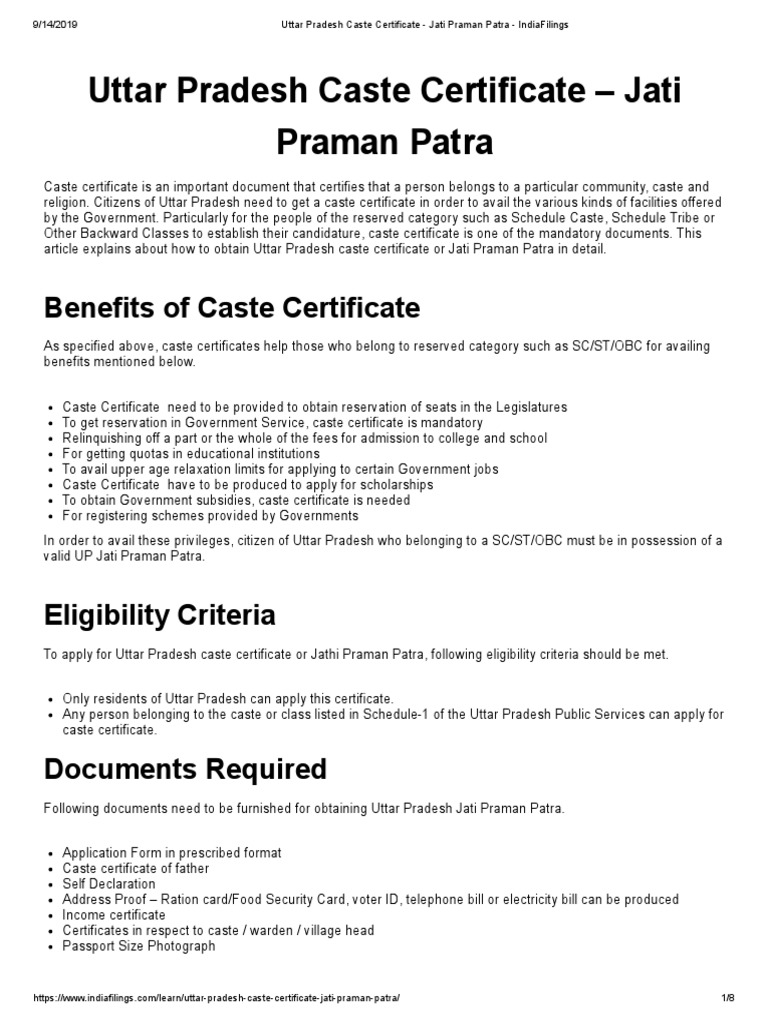 Uttar Pradesh Caste Certificate Guide | PDF | Government