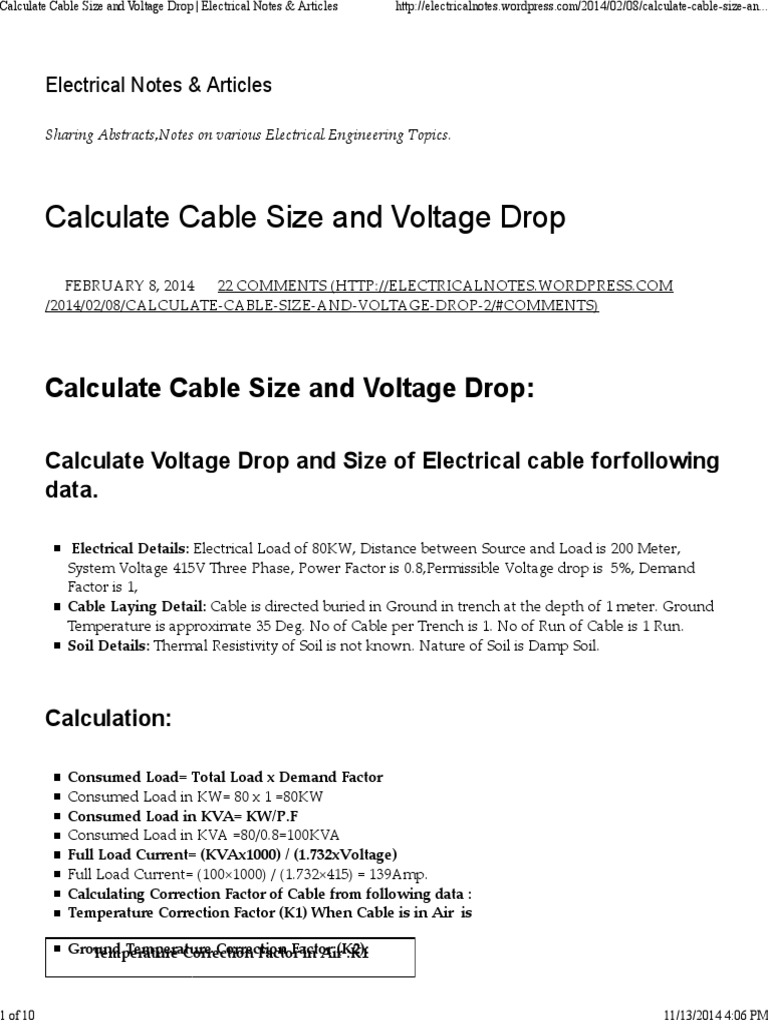 Calculate Cable Size and Voltage Drop Electrical Notes Articles PDF ...