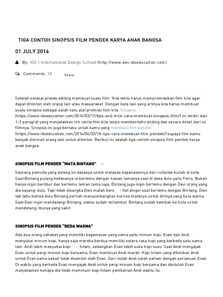 01 JULY 2014: Tiga Contoh Sinopsis Film Pendek Karya Anak Bangsa | PDF