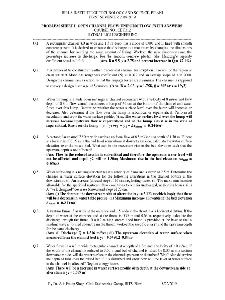 Uniform Open Channel Flow Problems 2019 20 | PDF | Soil Mechanics | Water