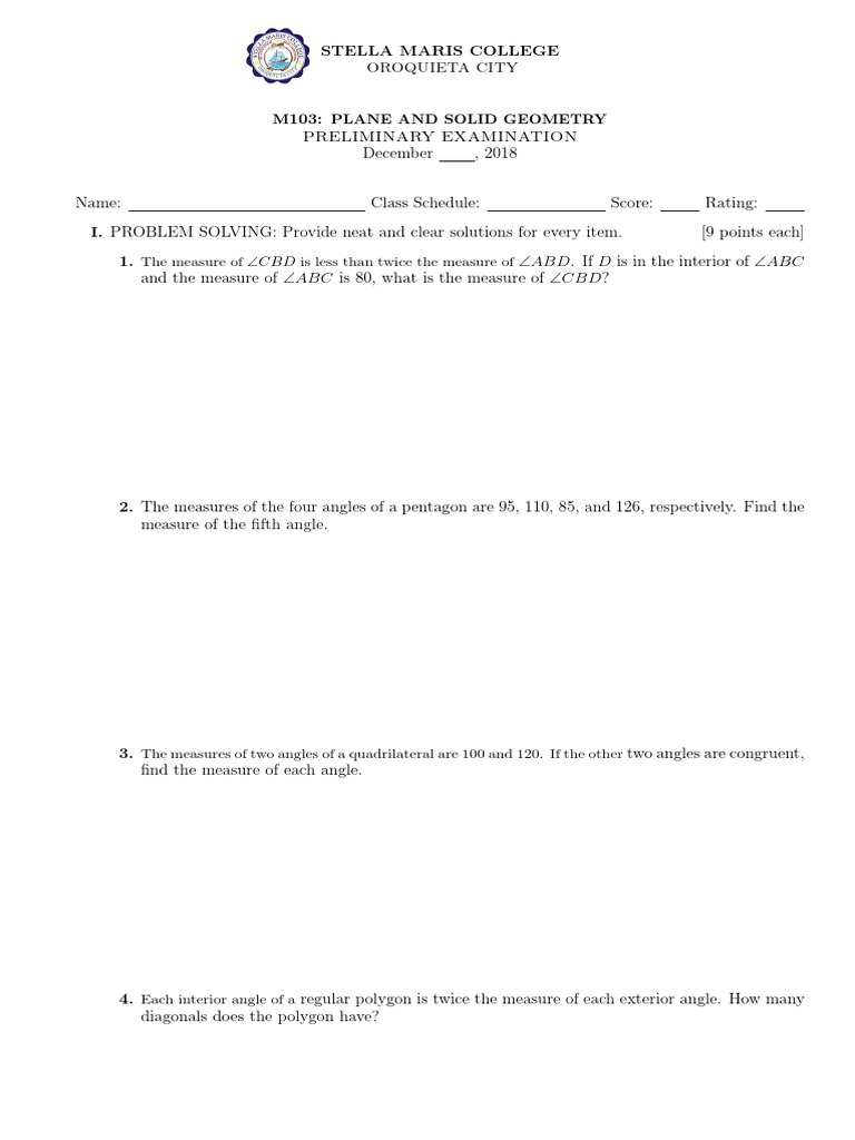 Plane Solid Geometry Prelim | PDF