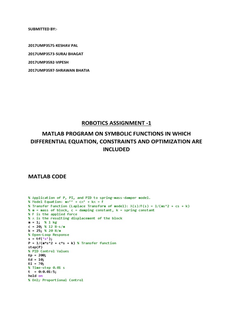 Robotics Assignment - 1 Matlab Program On Symbolic Functions in Which Differential Equation ...