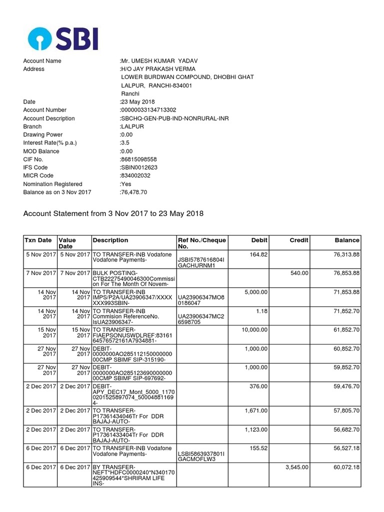 Account Statement From 3 Nov 2017 To 23 May 2018 Txn Date Value Date Description Ref No Cheque