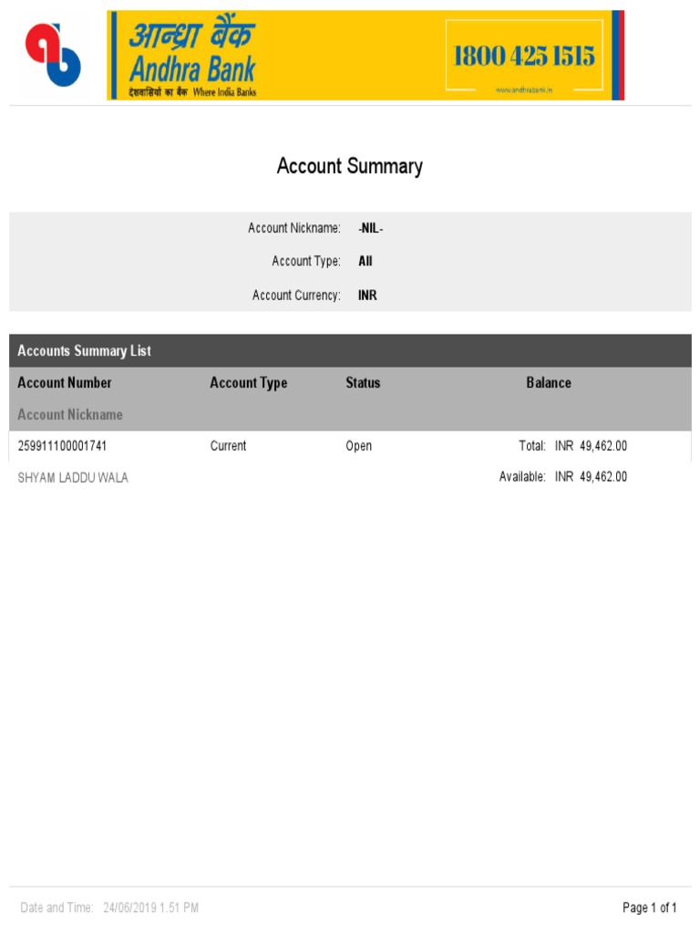 Account Summary: Account Nickname: Account Type: Account Currency | PDF ...
