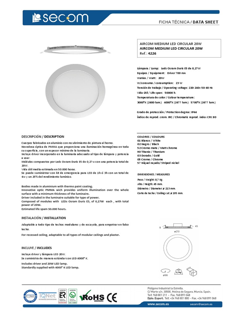 Aircom Medium Circular 20w1385 - Fichatecnica PDF | PDF | Diodo emisor de luz | Ingeniería en ...