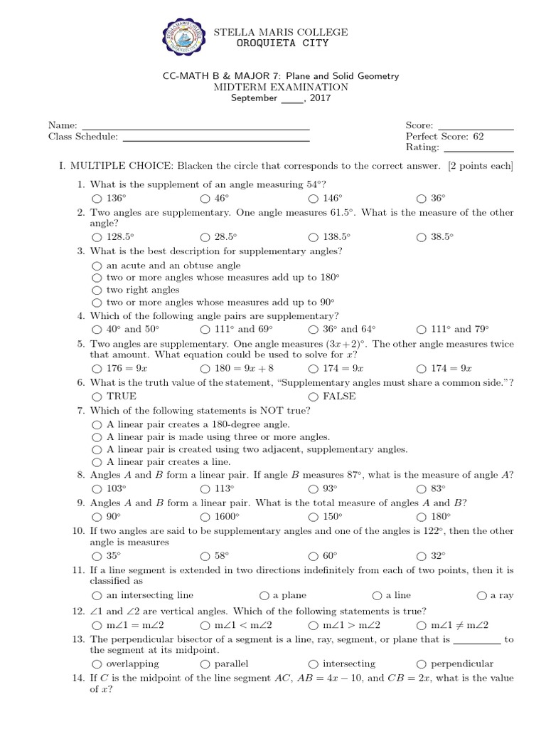 Plane & Solid Geometry MIDTERM | PDF | Angle | Perpendicular