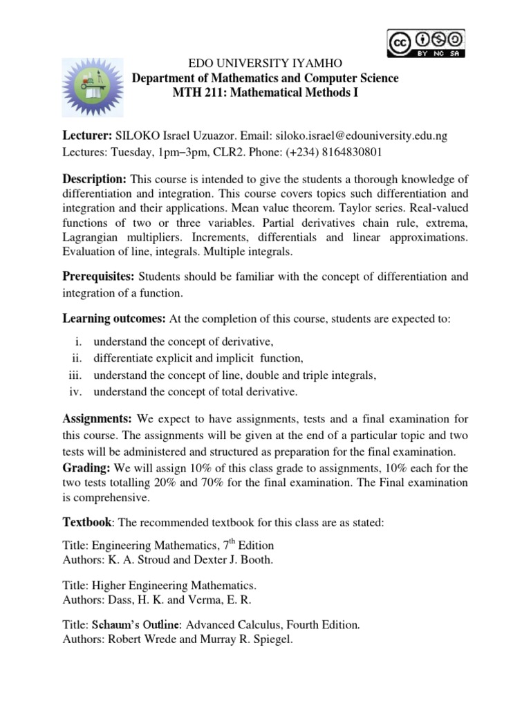 MTH 211 Mathematical Methods I Lecture Note 20182019 | PDF | Derivative ...