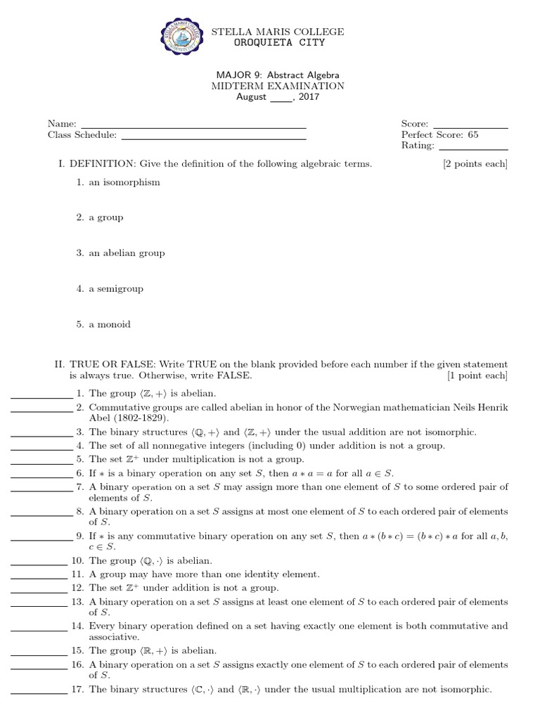 Abstract Algebra MIDTERM | PDF | Group (Mathematics) | Matrix (Mathematics)