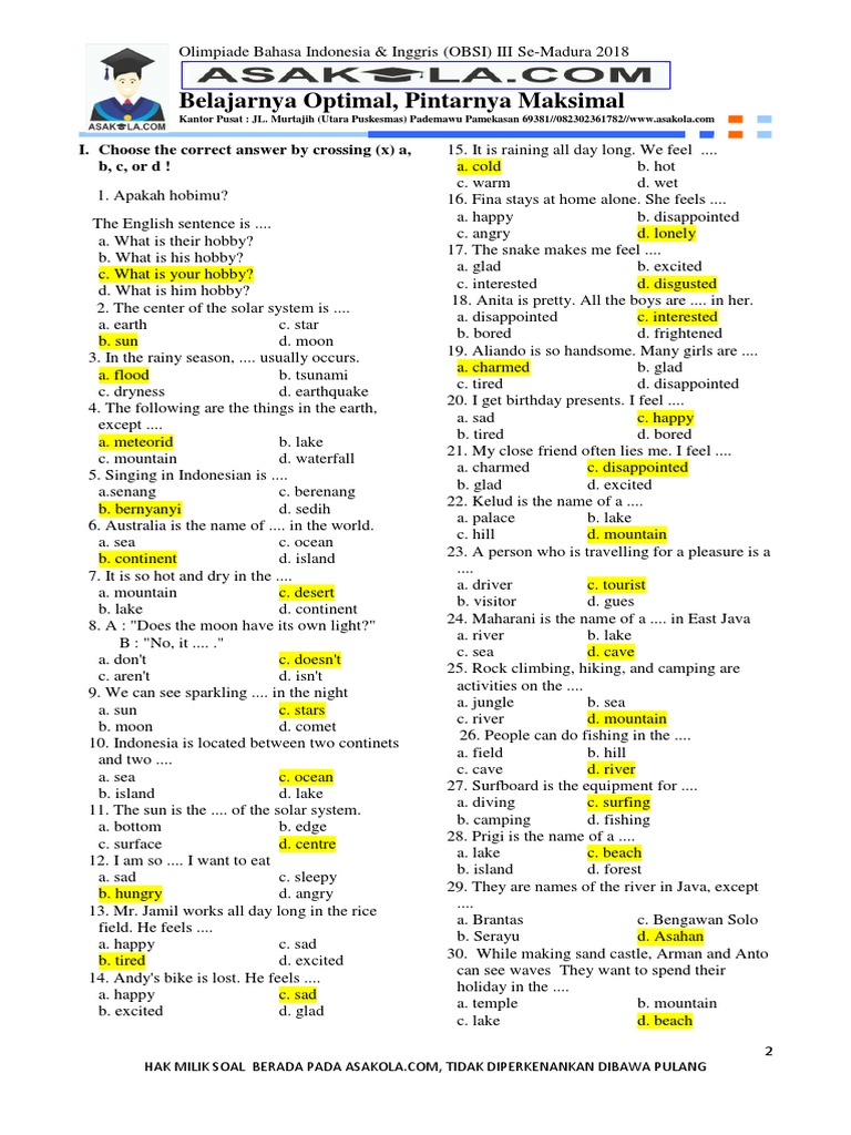 Soal & Kunci SD Bahasa Inggris-Aurel | PDF | Sea | Geomorphology