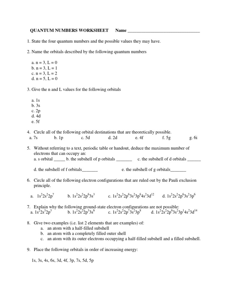 Quantum Numbers Worksheet and Quiz | PDF | Electron Configuration ...