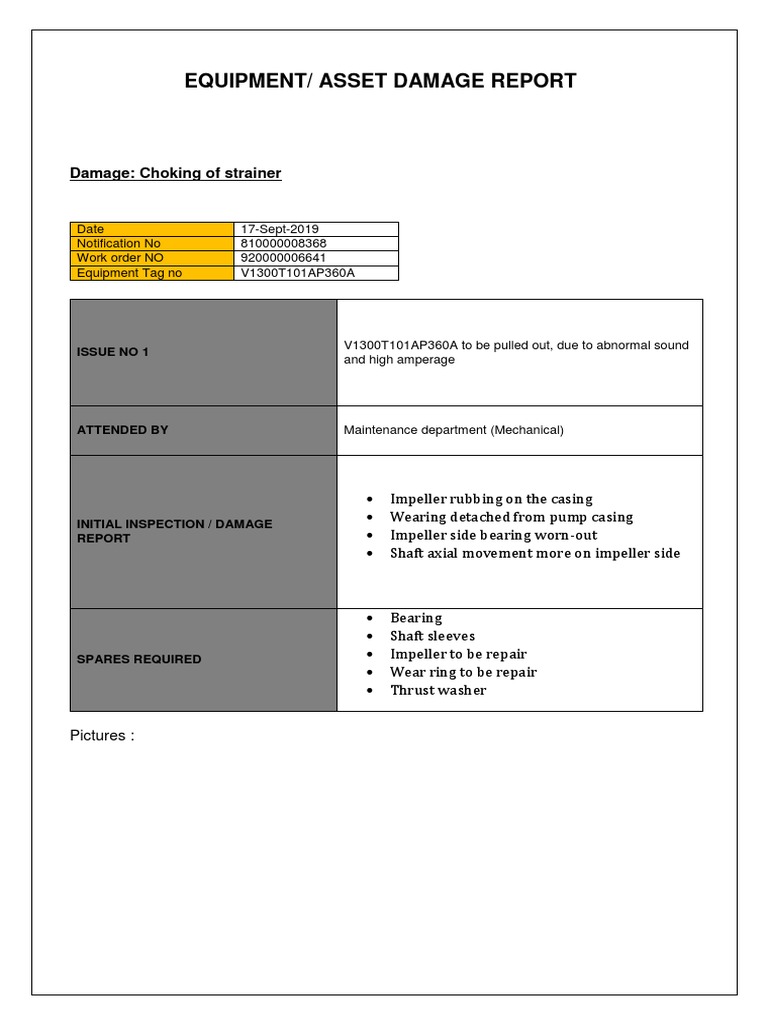 Asset Damage Report Mechanical - Pump AP-360a | PDF