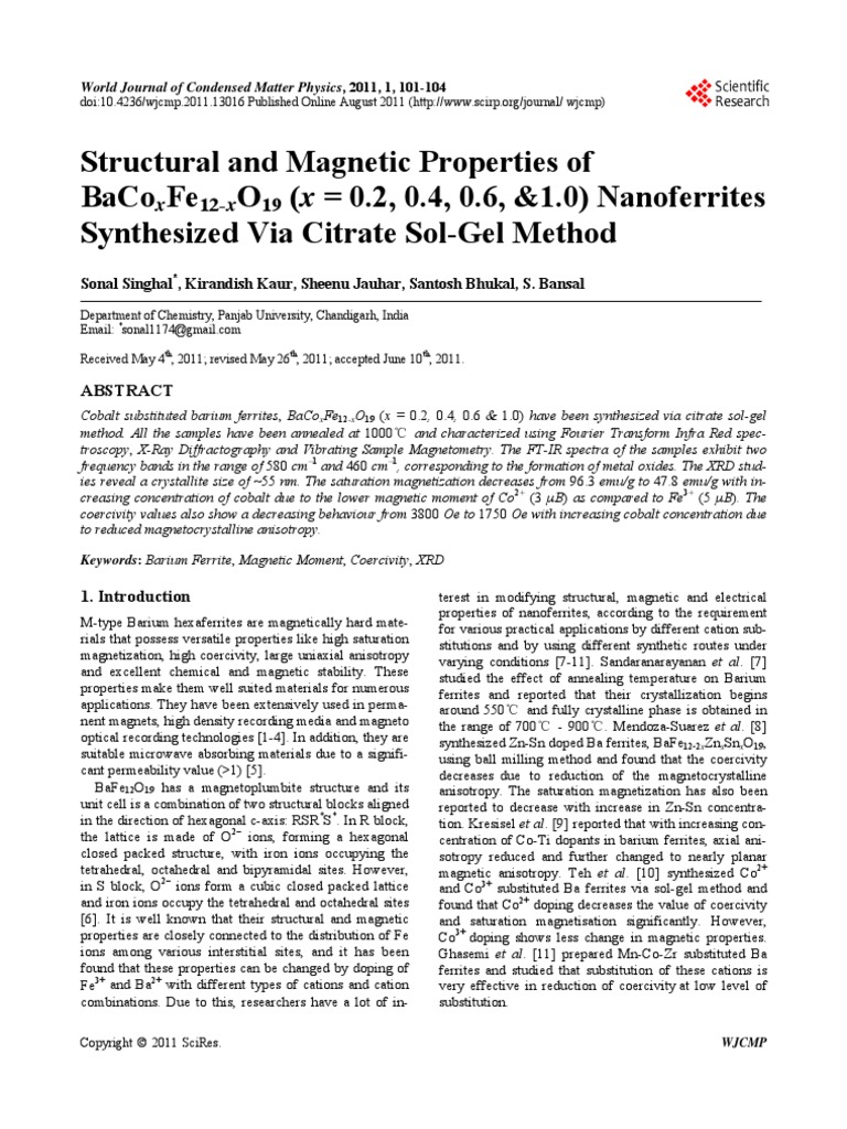 2011 Citrate Sol-Gel Method WJCMP20110300006 - 50738380 | PDF | X Ray ...