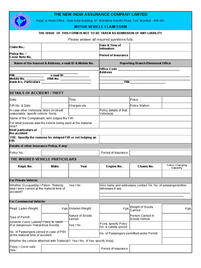 Claim Form for a Motor Vehicle Accident: Requesting Details to Assess ...