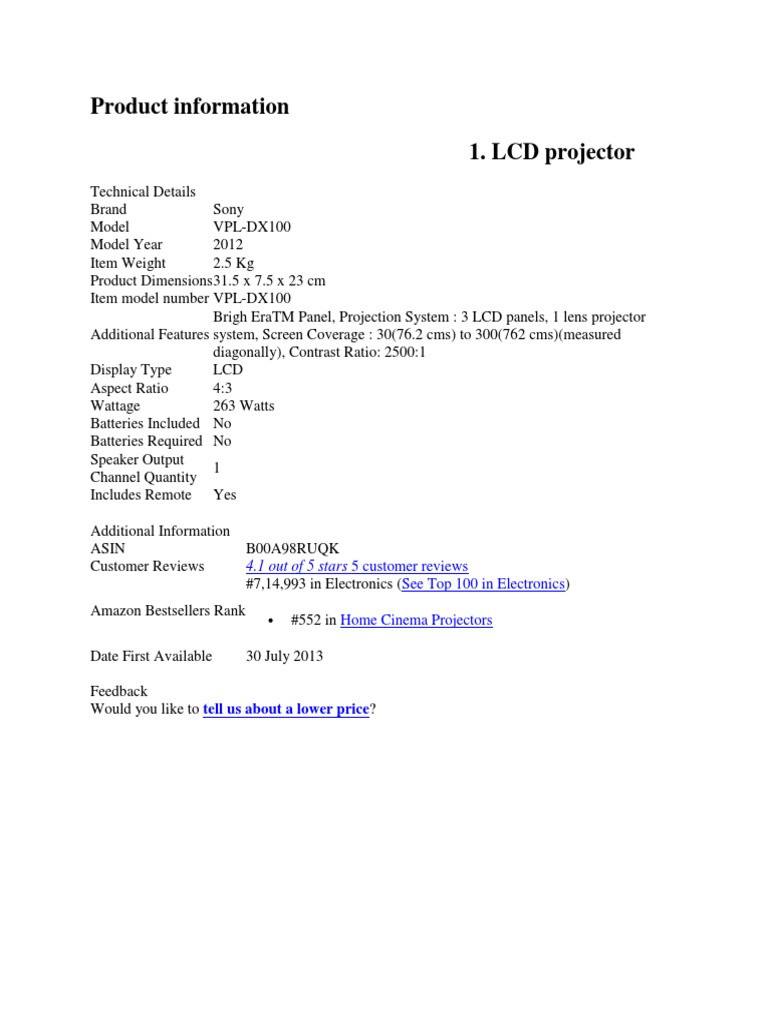 Sony VPL-DX100 LCD projector product information | PDF | Printer (Computing) | Office Equipment