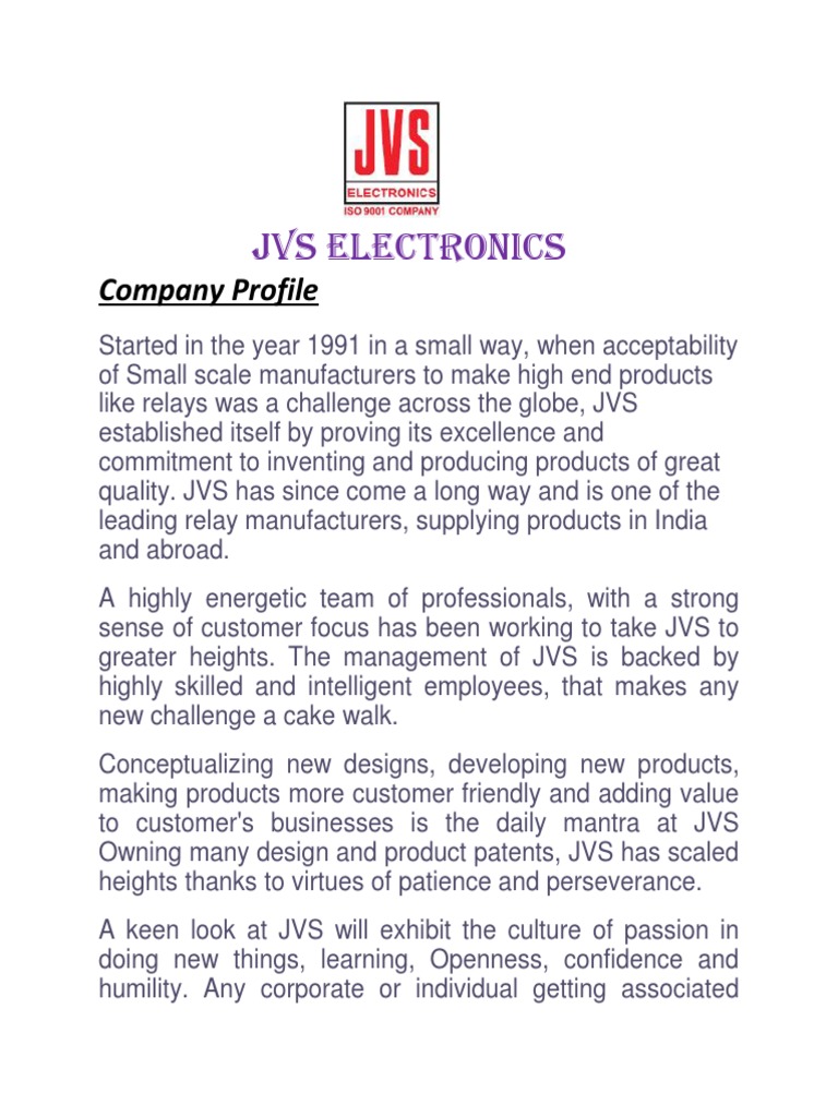 JVS Electronics: Relay Industry Leader | PDF | Business