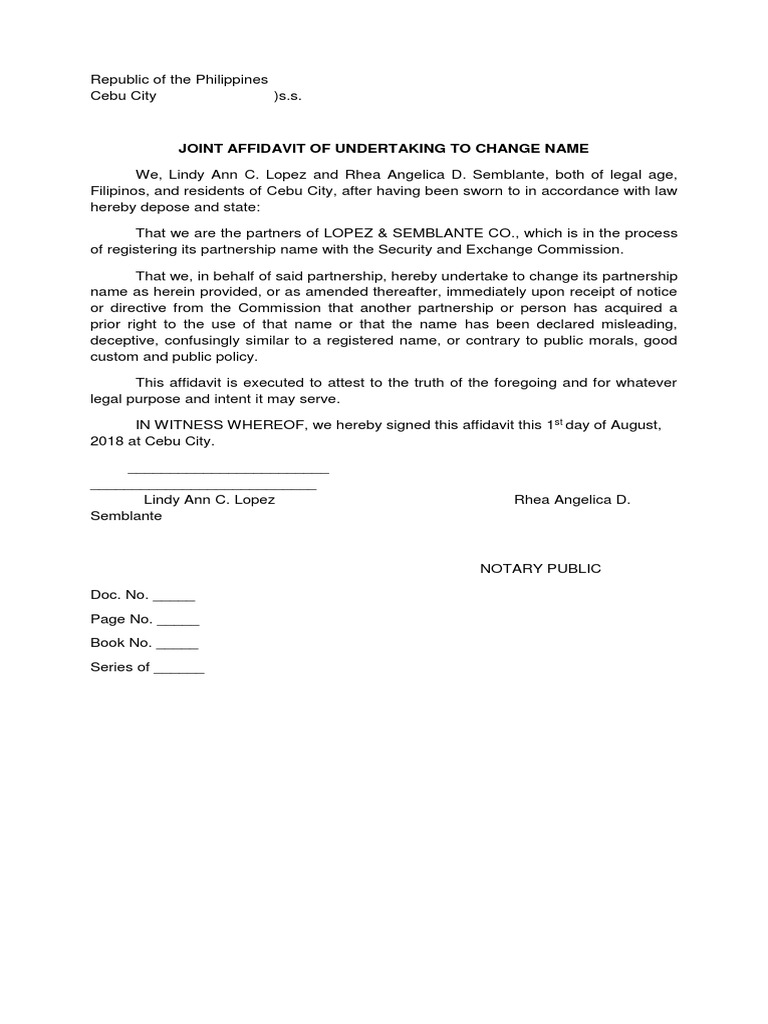 Joint Affidavit of Undertaking To Change Name | PDF
