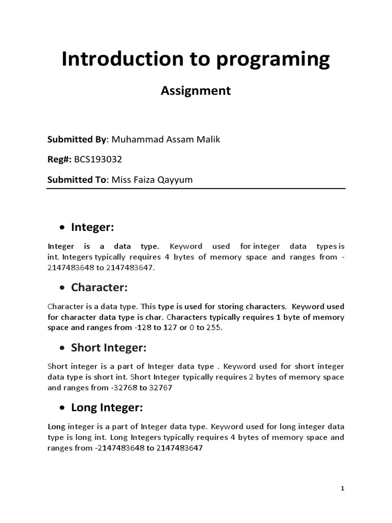 Introduction To Programing: Assignment | PDF | Computers