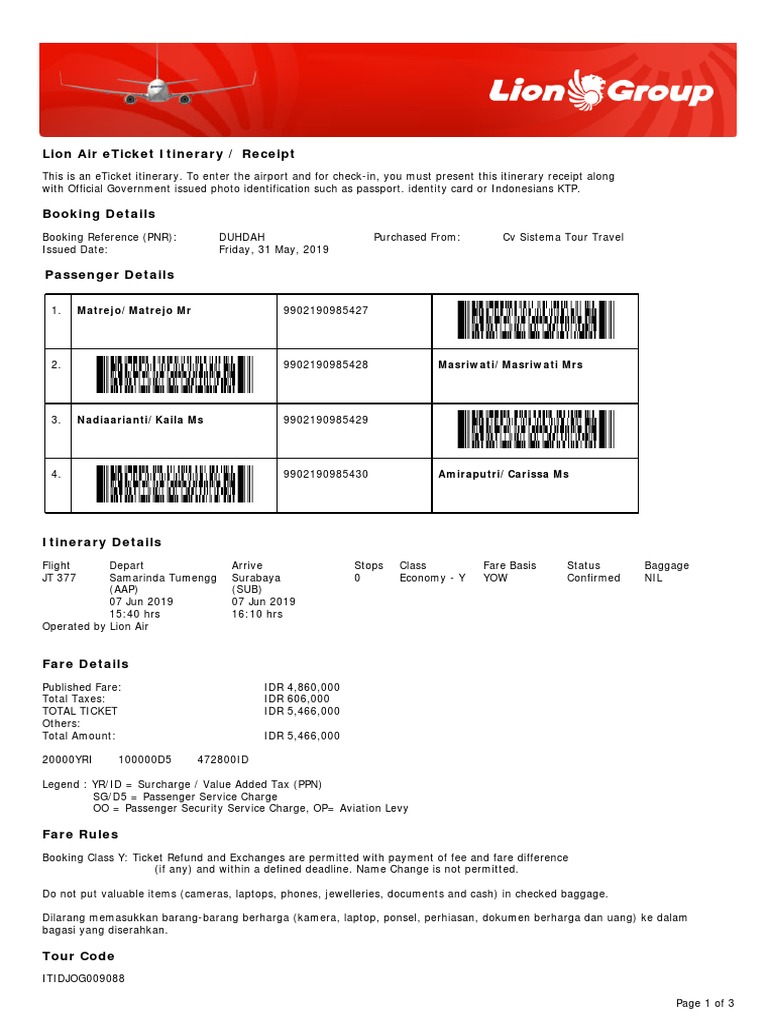 Lion Air Eticket Itinerary / Receipt: Matrejo/Matrejo MR | PDF ...