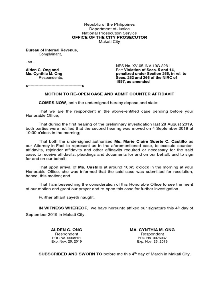 Motion To Re-Open and Admit Counter Affidavit | PDF | Affidavit | Criminal Law