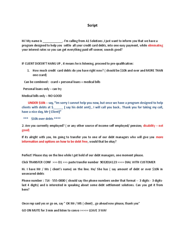 Debt Settlement Call Center Script | PDF | Finance & Money Management