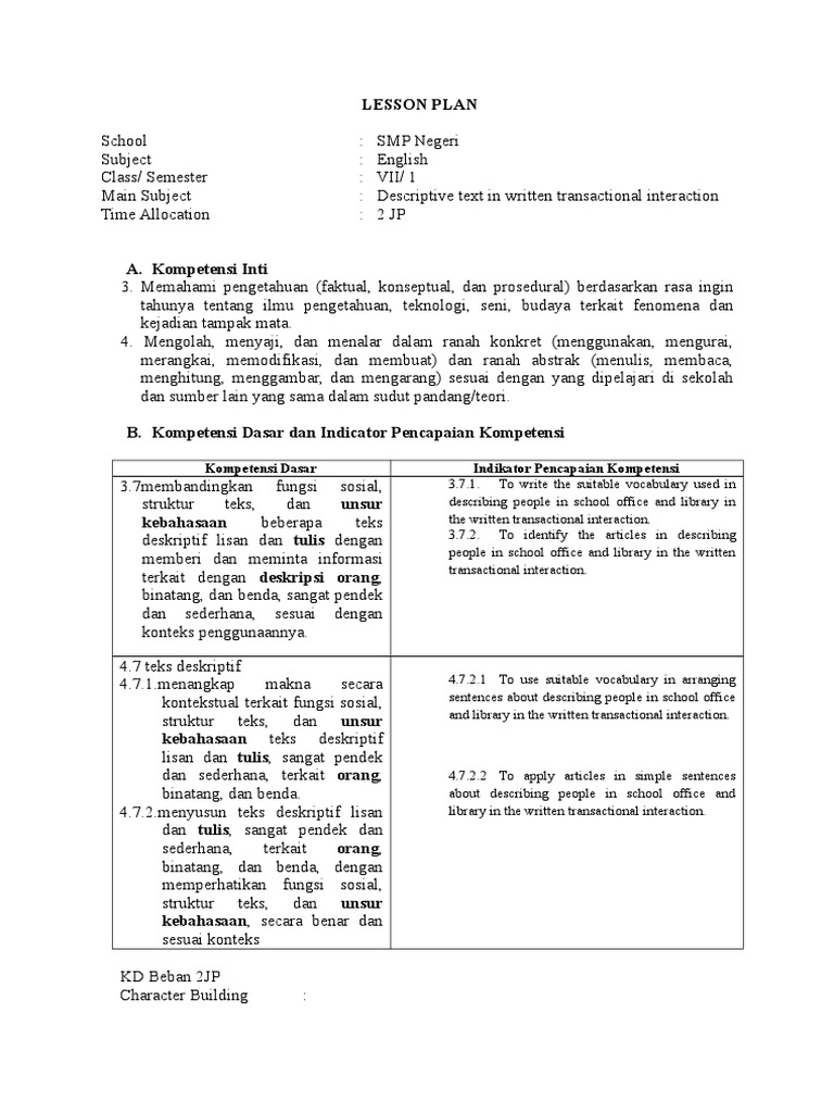 Descriptive Text Lesson Plan for VII Grade | PDF
